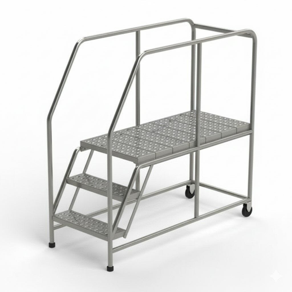 3 Steps 304 or 316L SS Mobile Work Platform with Handrails, Diamond ...