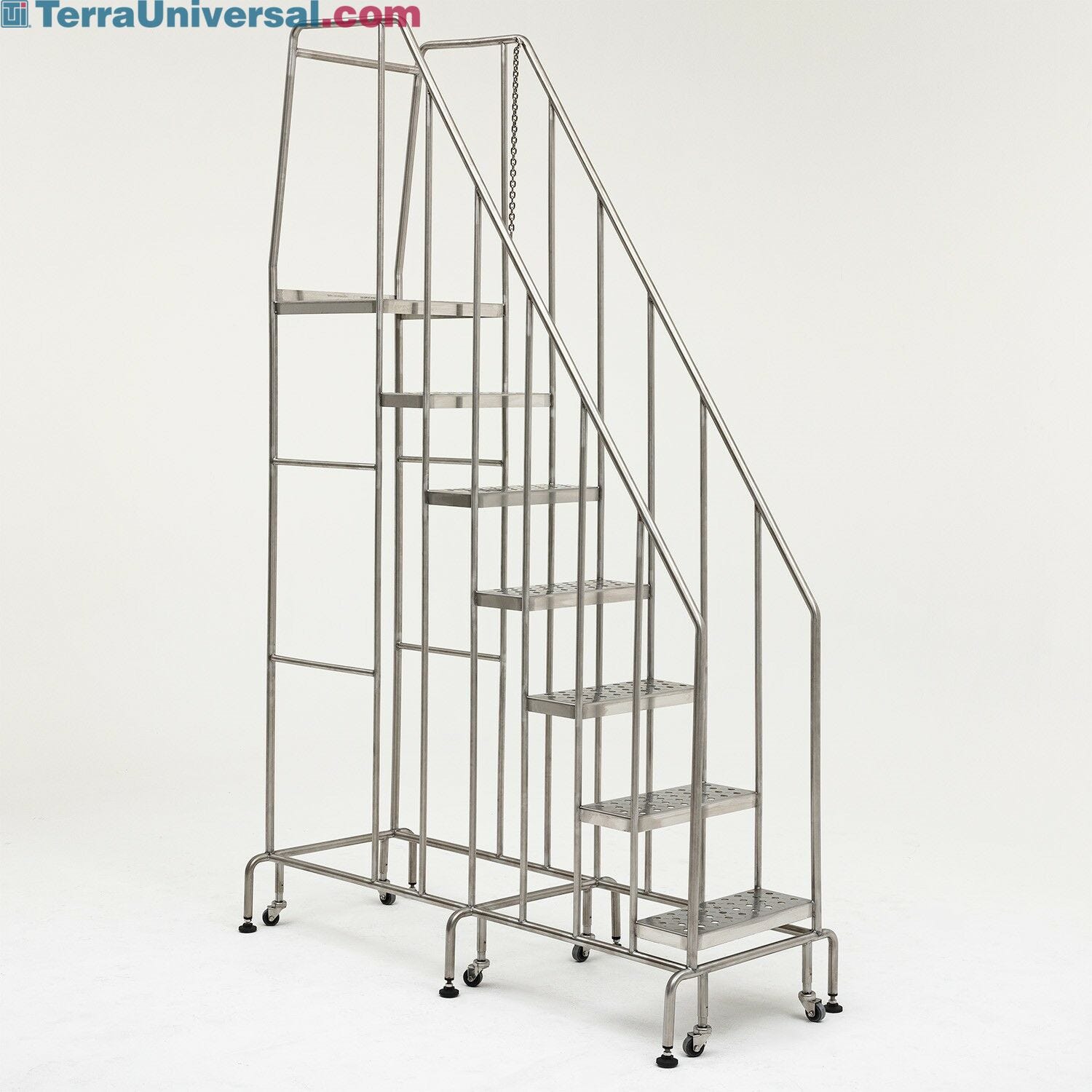 Mobile Step Ladder; Round Tube, 7 Steps, 304 or 316 SS, 26" W x 64" D x ...