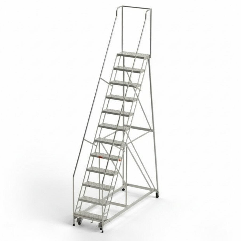 12 Steps Industrial Rolling Ladder with Handrails, Diamond Plating ...