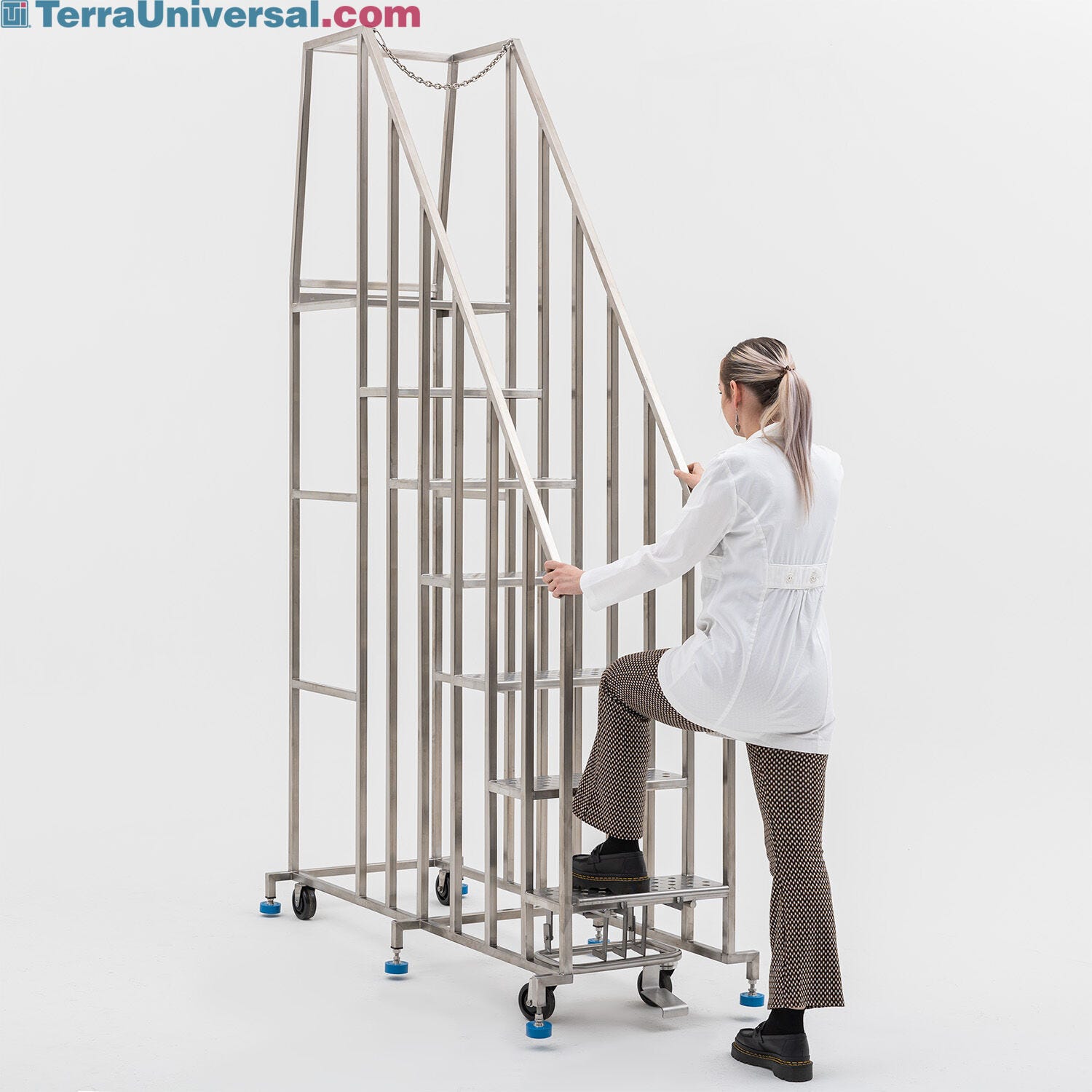 Mobile Step Ladder; Diamond Plated, 316L SS, Safety Rail, BioSafe ...
