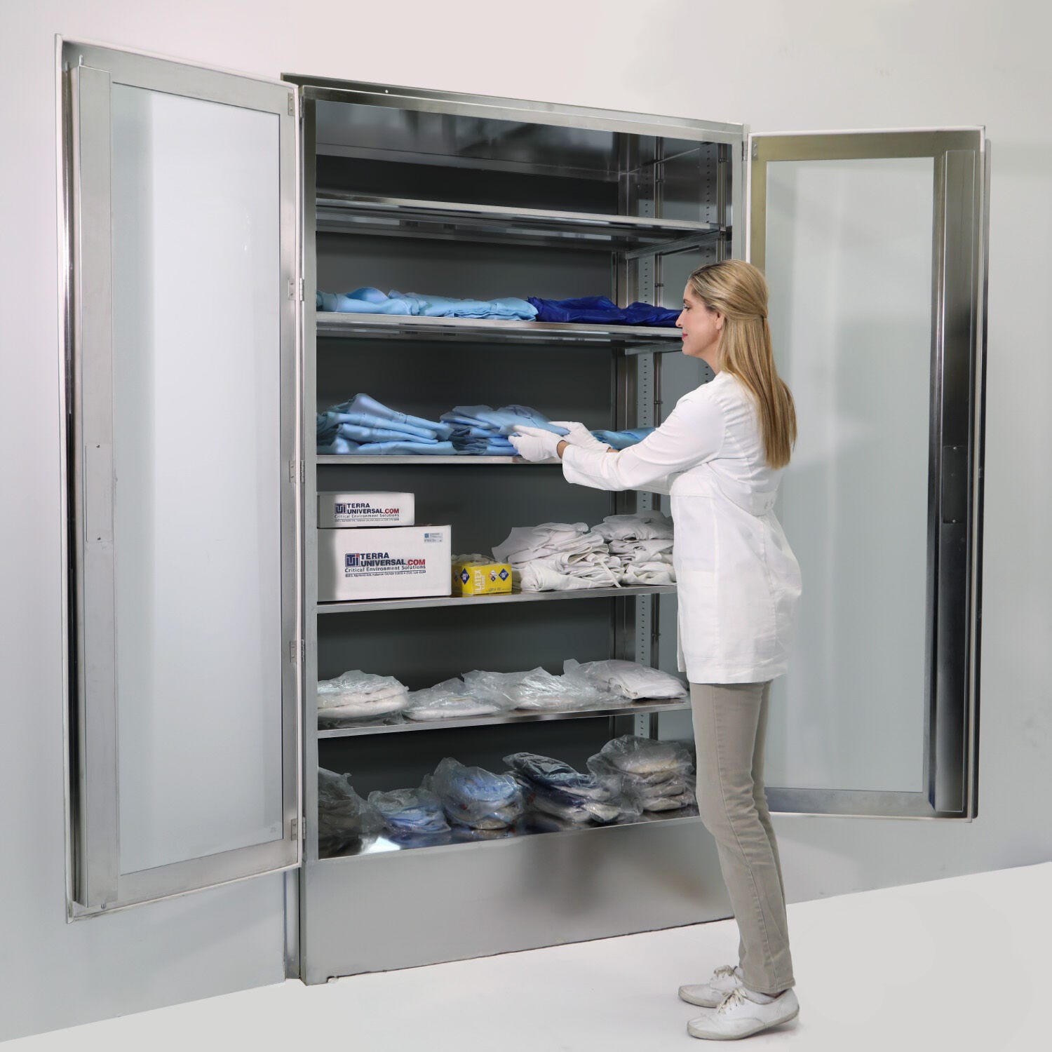 Storage Cabinet; Wall Mounted Recessed, 304 Stainless Steel, 2 Doors